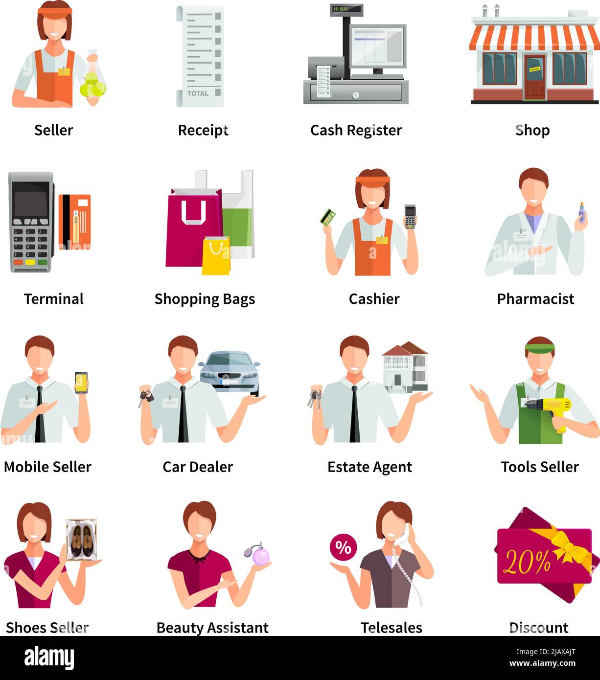 Salesman flat color icons set with pharmacist car dealer estate agent ...