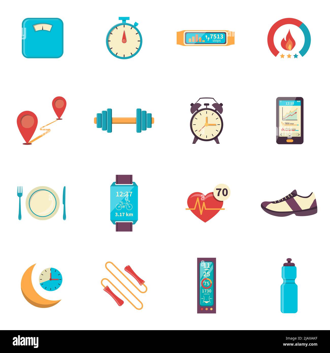 Fitness tracker flat color icons with modern digital devices for health ...