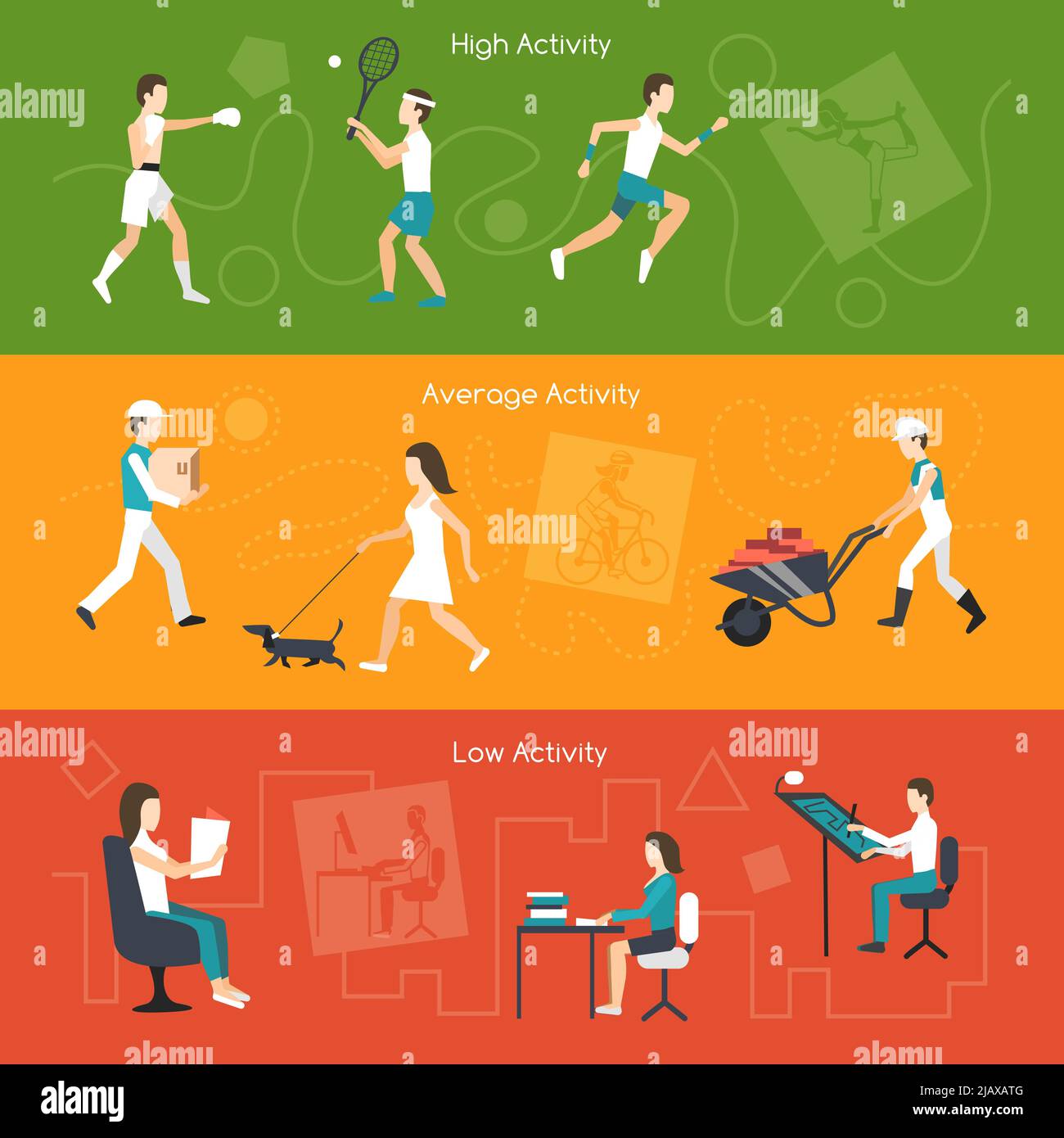 Physical activity horizontal banners set with high average and low elements isolated vector ...