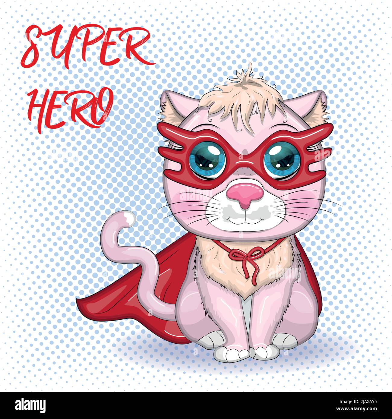 Cartoon cat superhero in a red cloak and mask. Cute child character ...