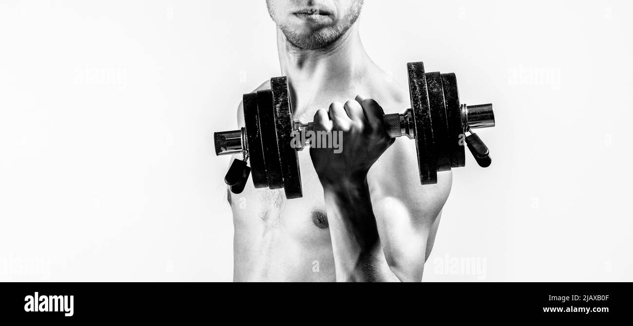 Man holding dumbbell in hand. Skinny guy hold dumbbells up in hands ...