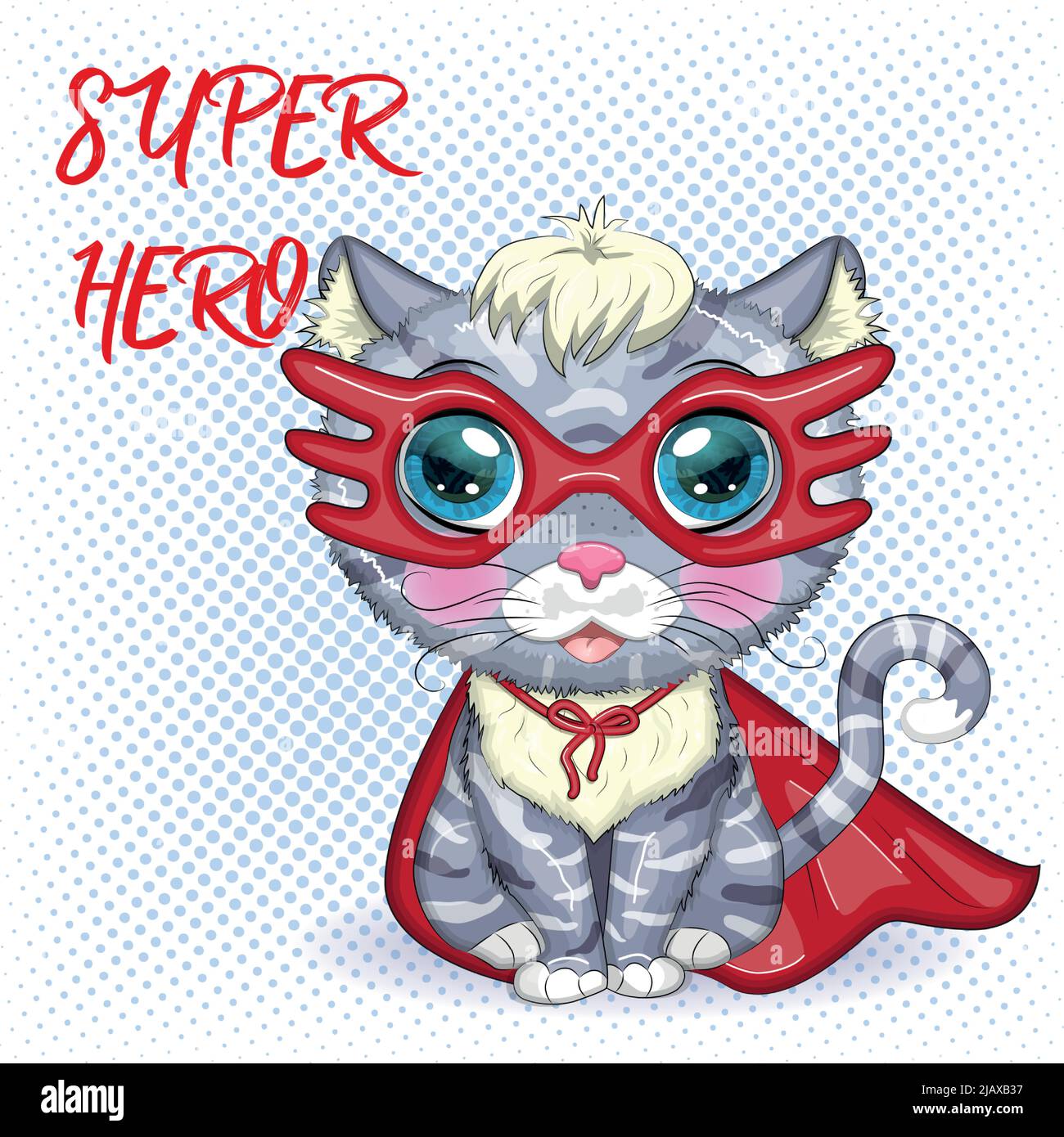 Cartoon cat superhero in a red cloak and mask. Cute child character ...