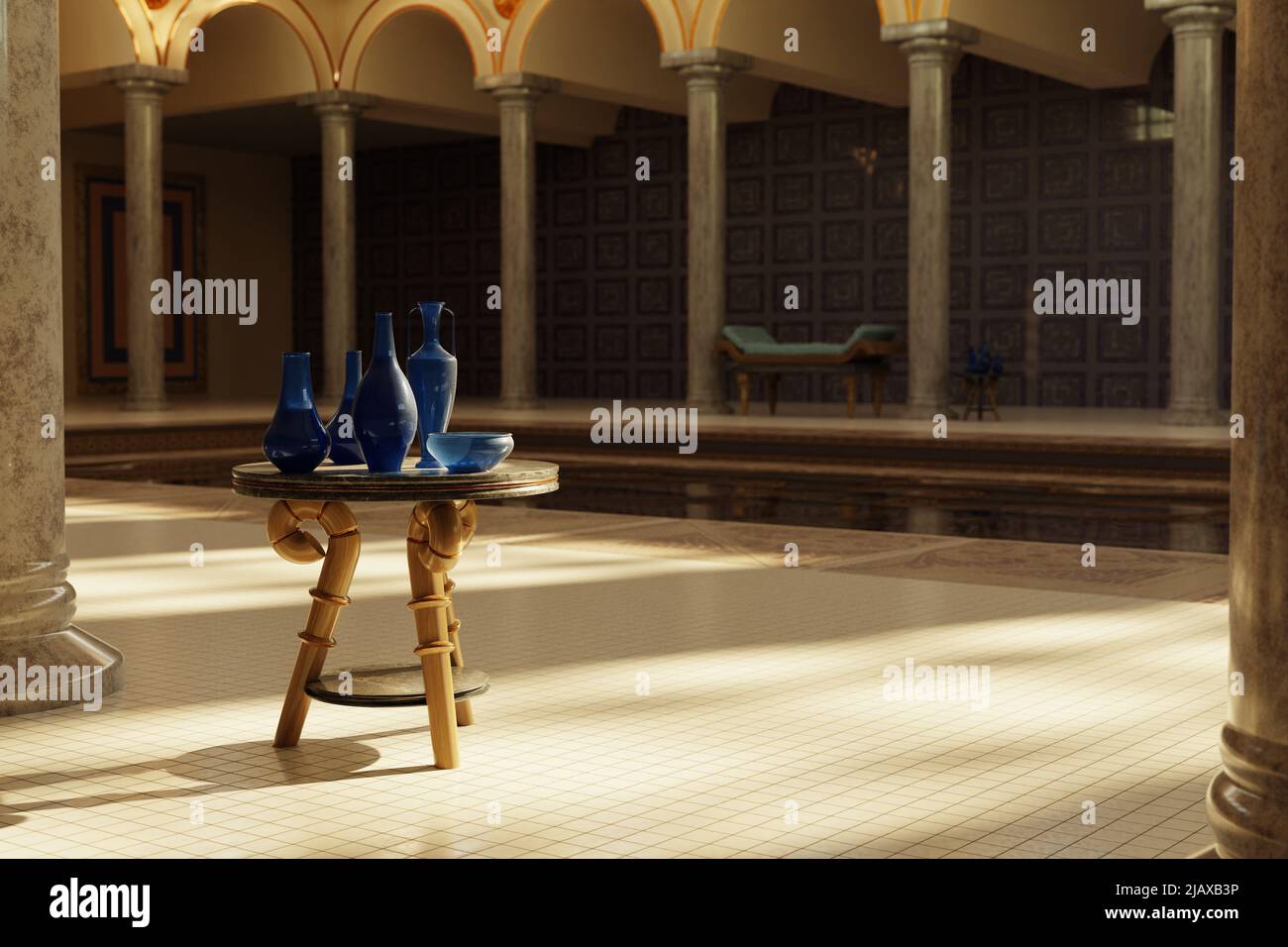 Table with amphorae in a roman bath. 3D Render Stock Photo - Alamy