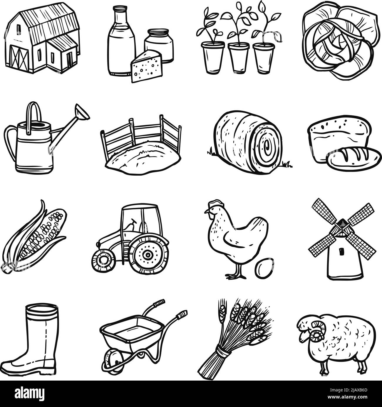 Agriculture black white icons set with tractor hen and bread symbols ...