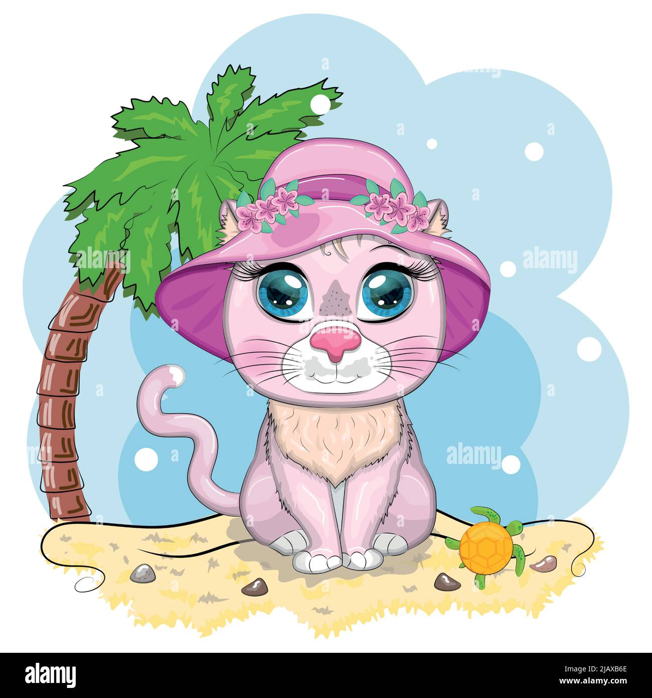 Cartoon cat in a hat with flowers. Summer, vacation. Cute child ...