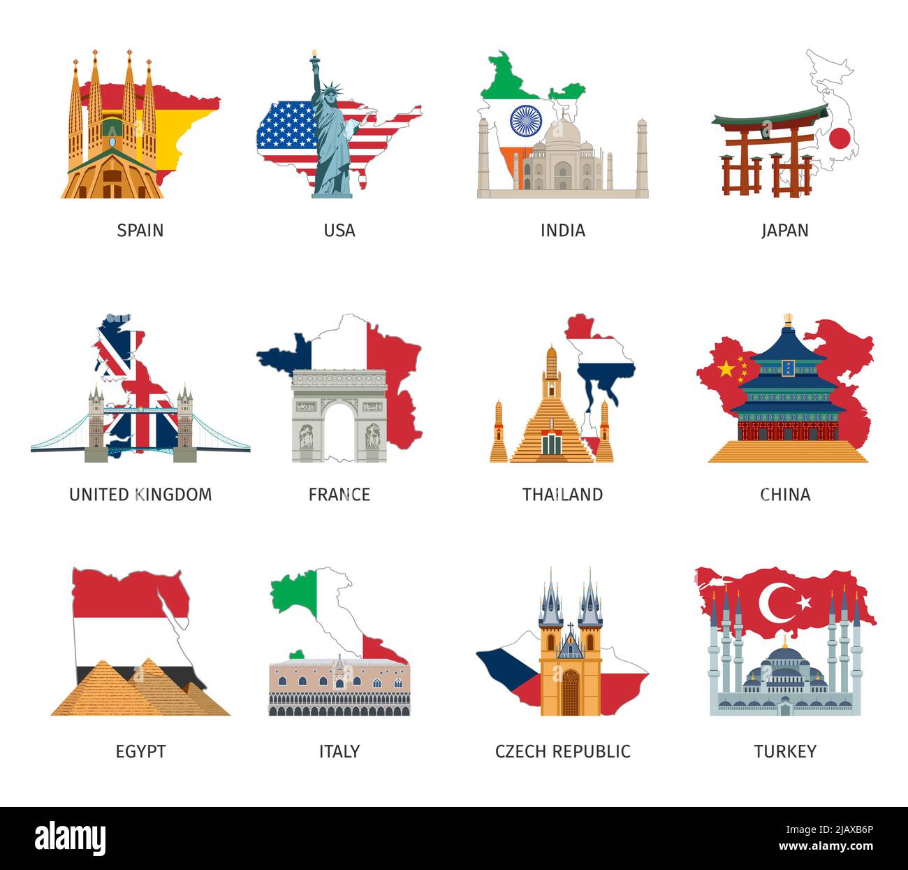 Greatest landmarks in the world with state flags and national colors ...