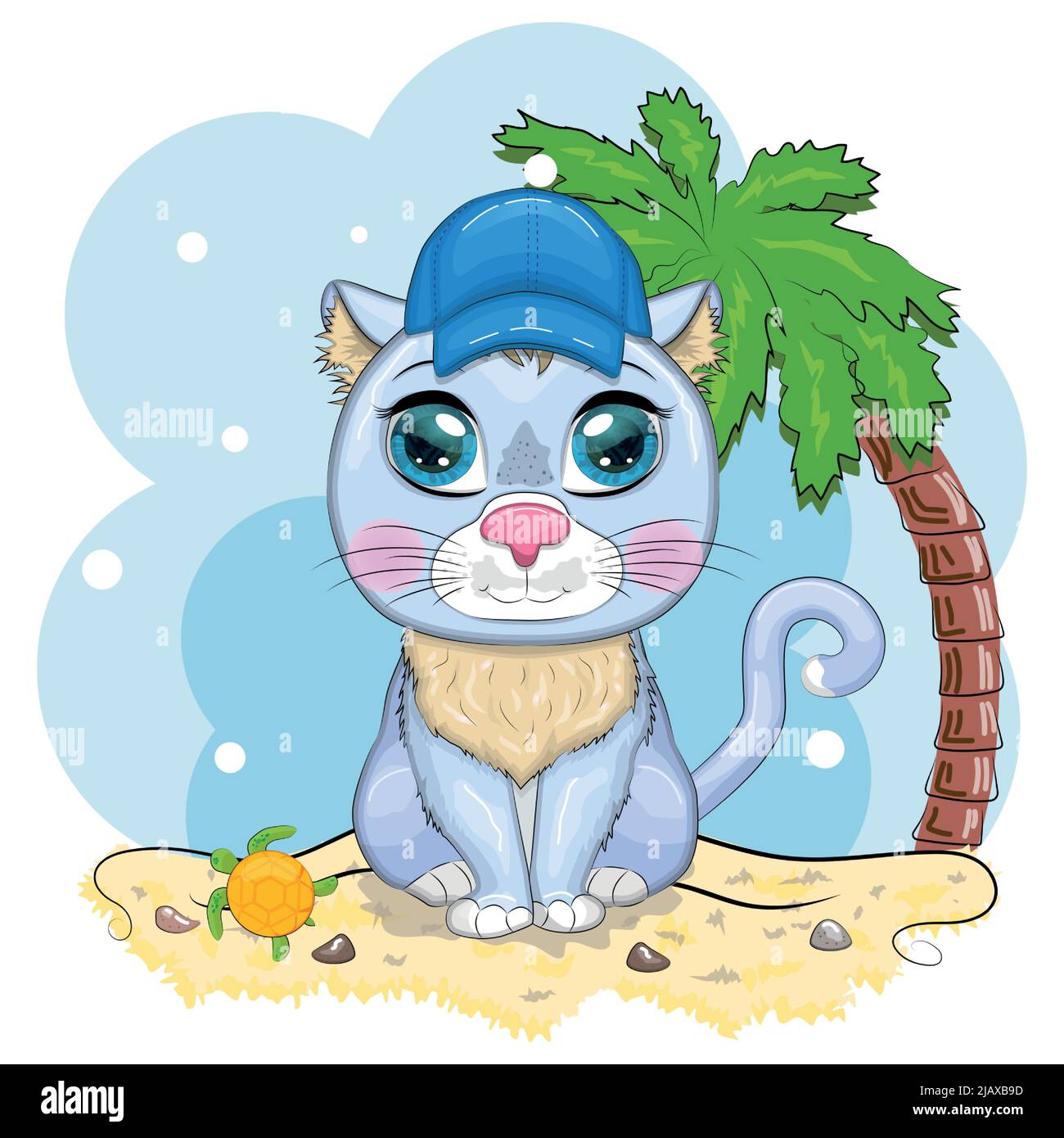 Cartoon cat in a hat with flowers. Summer, vacation. Cute child ...