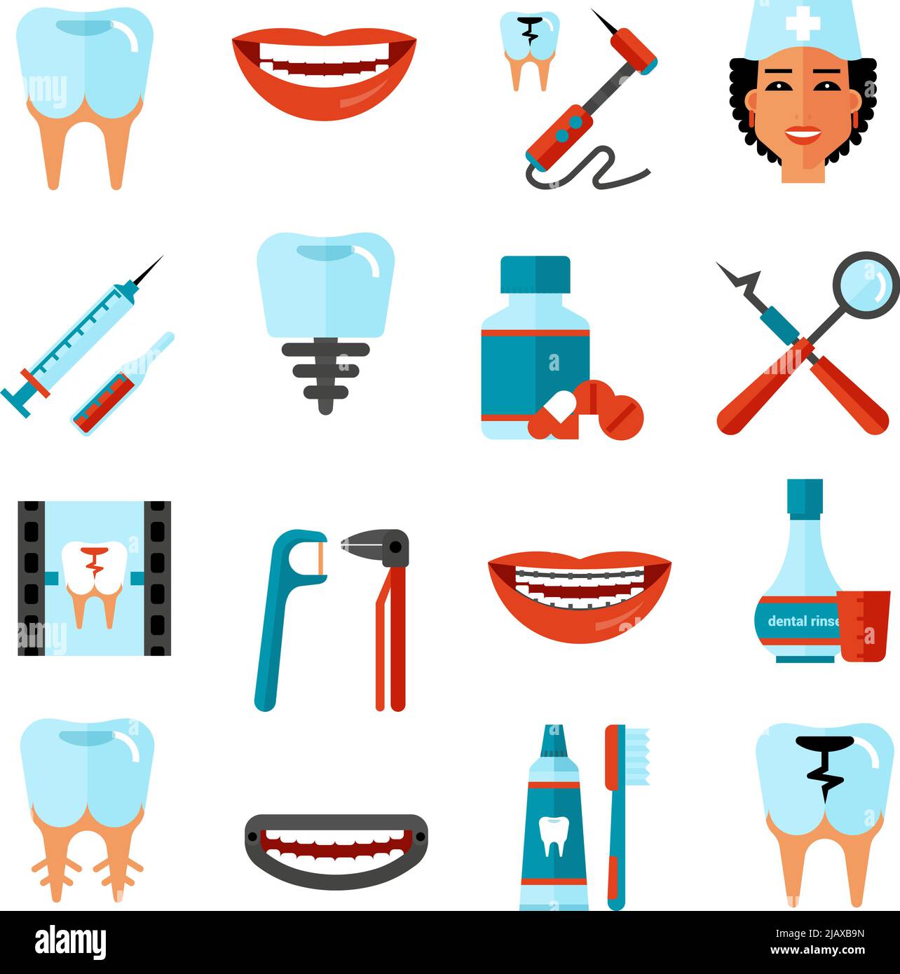 Dental care flat decorative icons set with stomatologist tools teeth ...