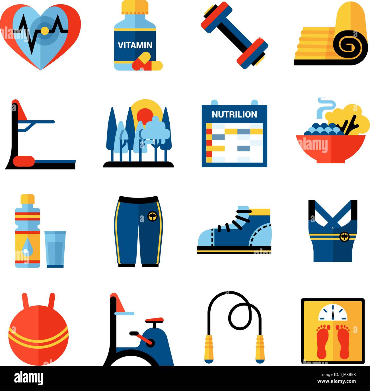 Fitness flat color icons set with sport clothes gym trainers healthy ...