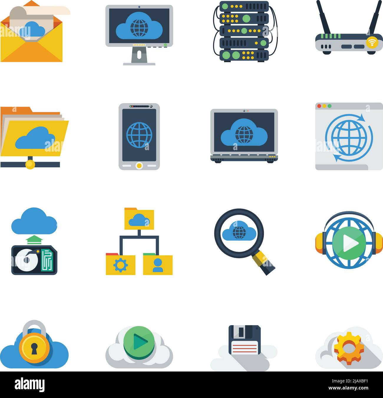 Cloud service flat color icons set of router smartphone laptop hub ...