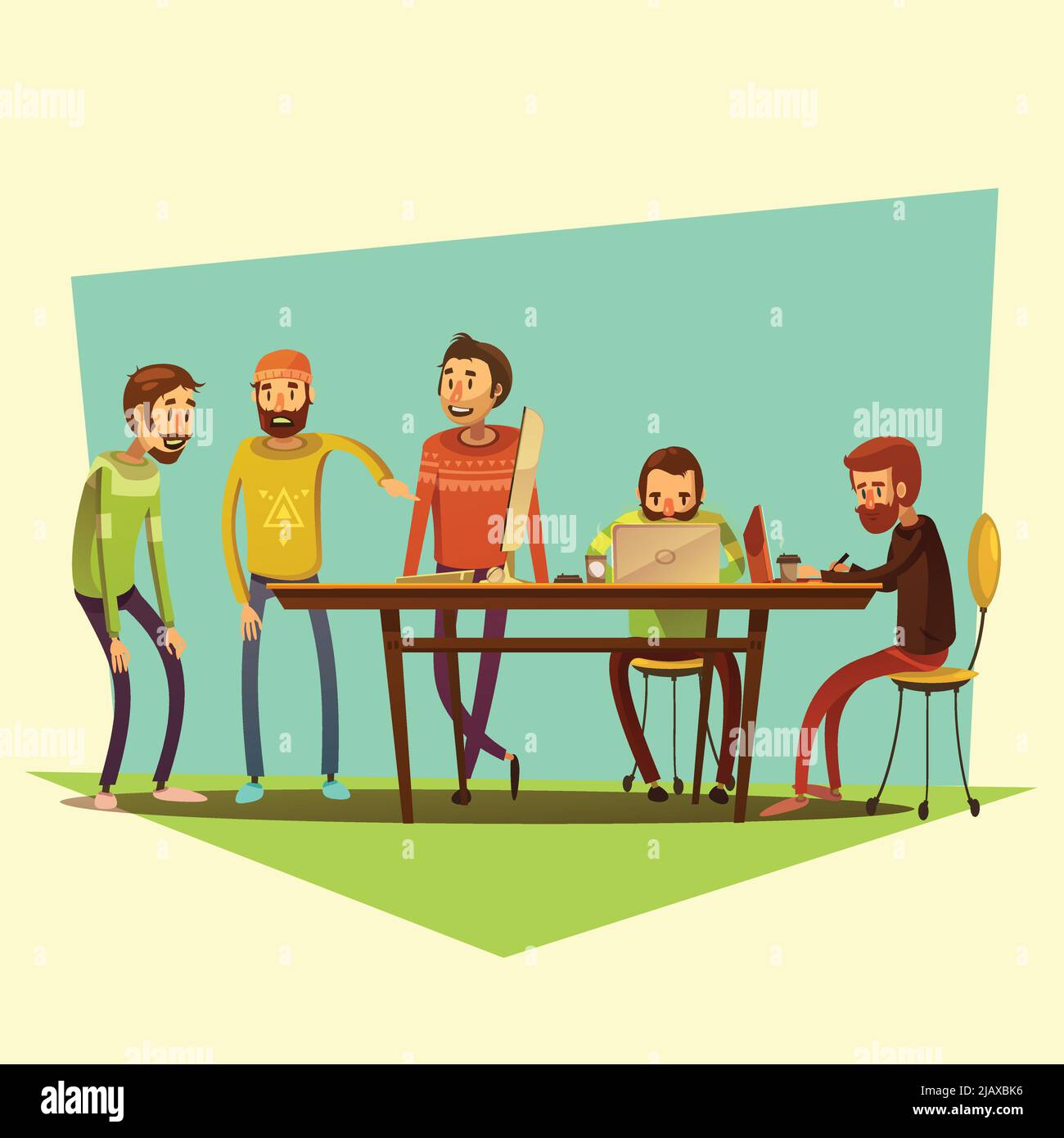 Coworking and people with laptop and coffee on yellow background ...