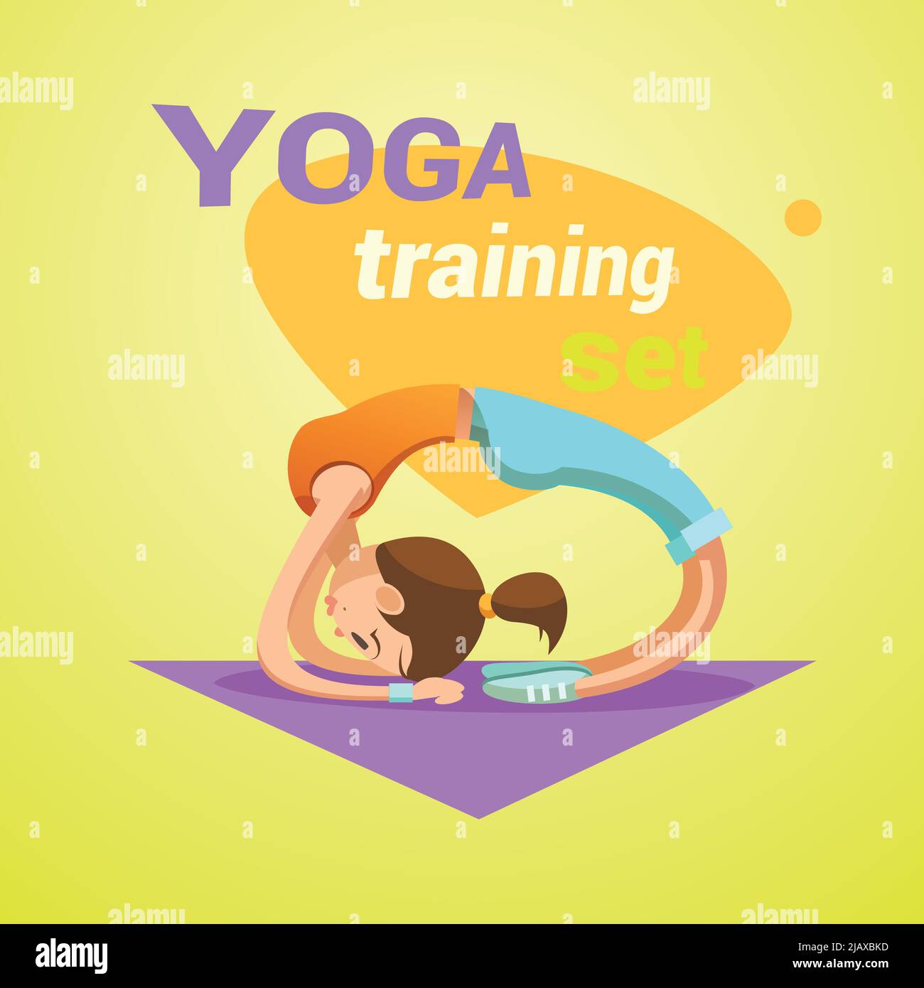 Yoga retro cartoon with young pretty girl practicing stretching workout ...