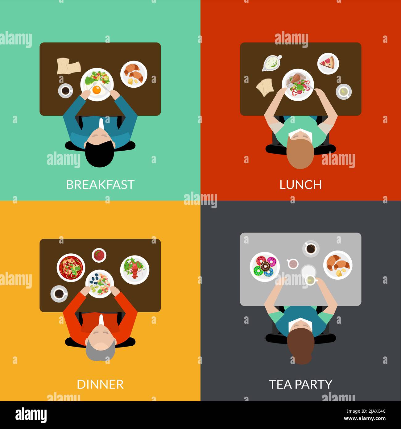 Flat icon set with eating people with different variants of meal top ...