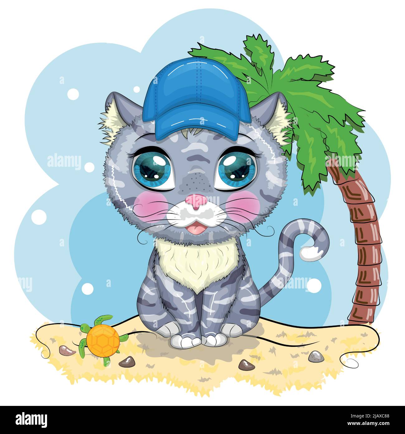 Cartoon cat in a hat with flowers. Summer, vacation. Cute child ...