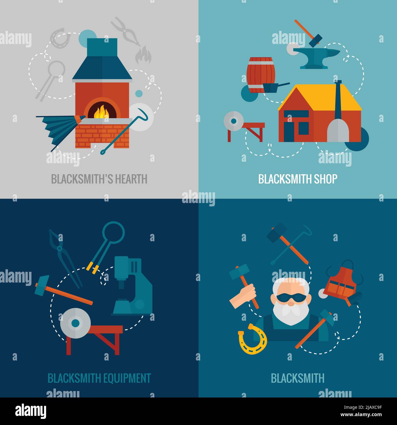 Blacksmith design concept set with hearth shop equipment flat icons ...