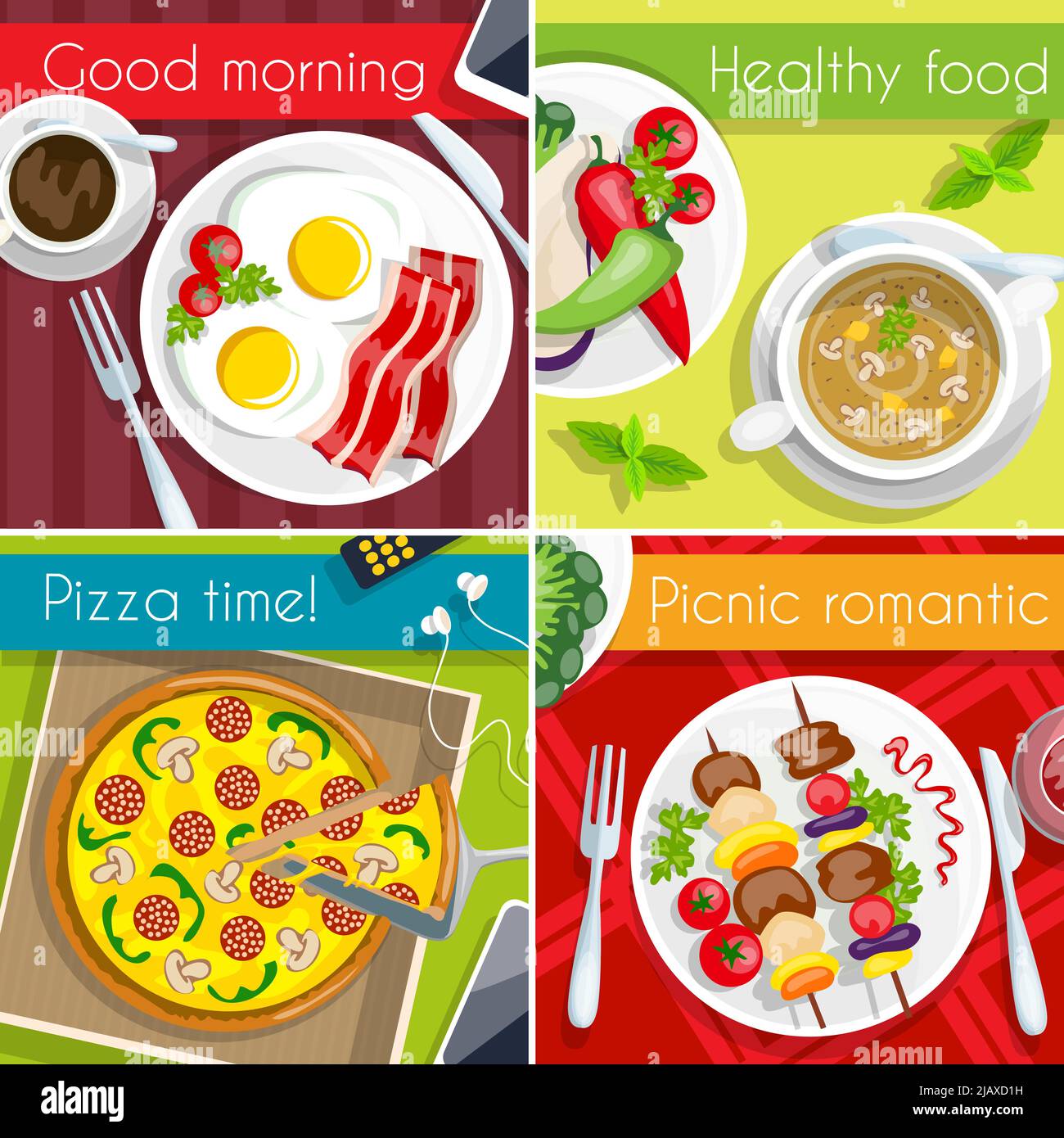 Food icon set four type of meal breakfast healthy pizza time picnic ...