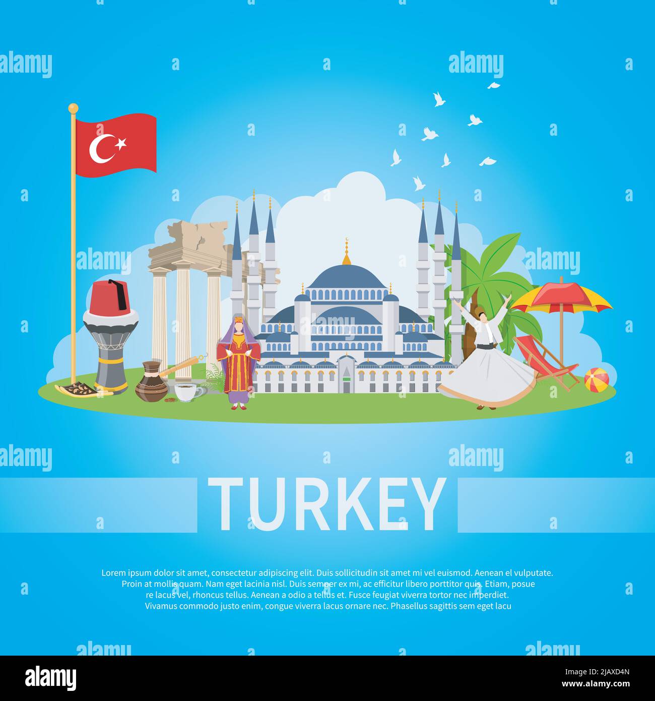 Turkey flat design composition with mosque man and woman in ethnic ...