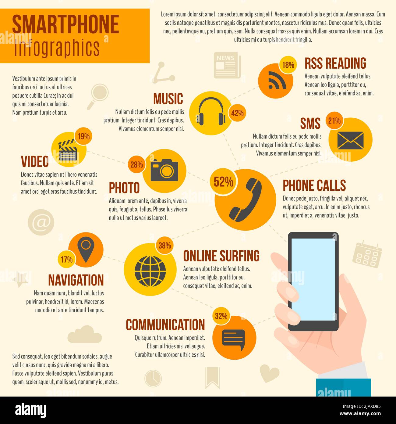 Smartphone infographics set with human hand holding mobile phone vector ...