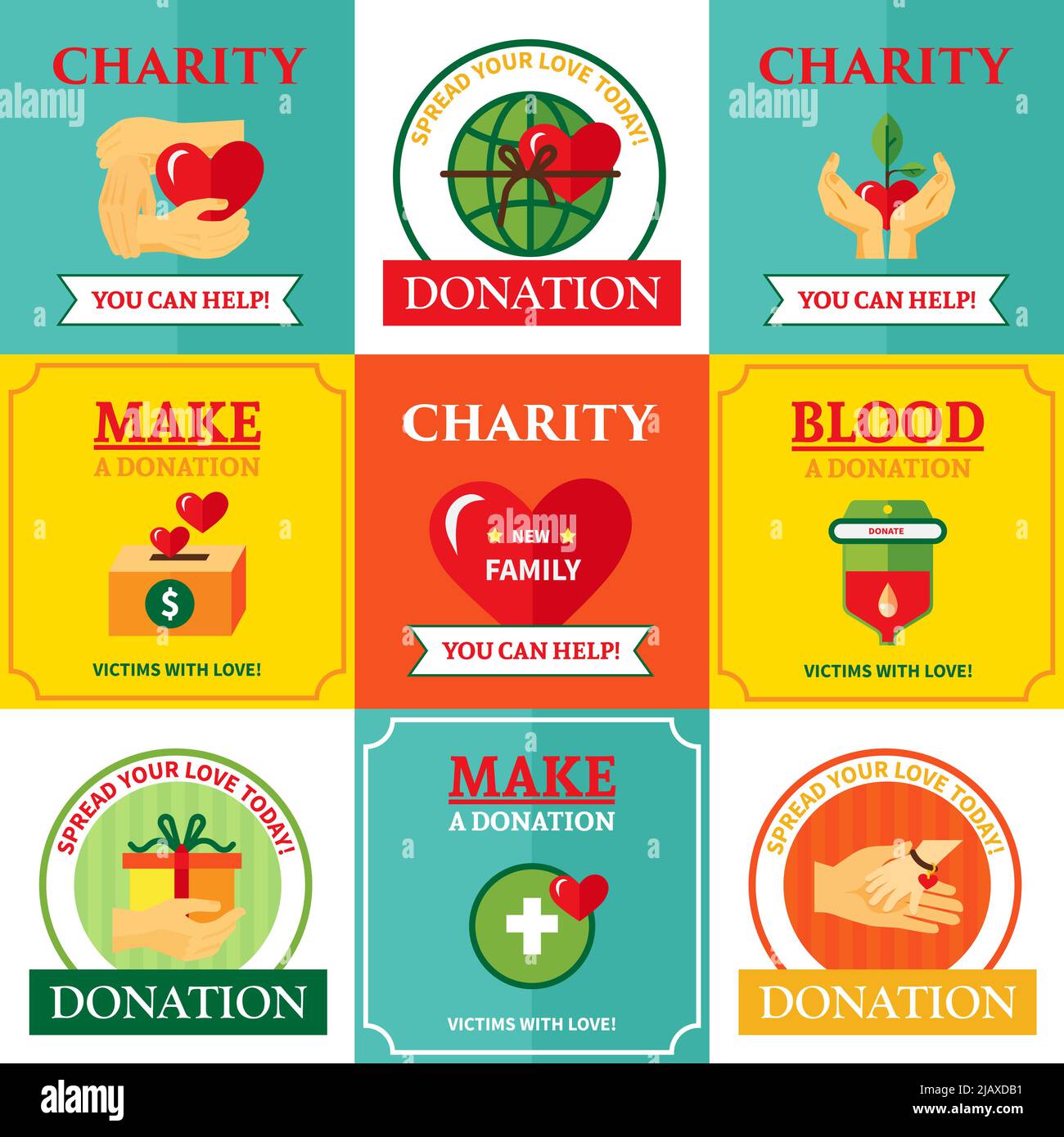 Nonprofit charity helping people organization 9 flat emblems icons ...