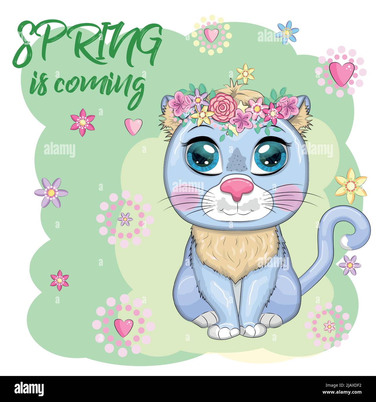 Cartoon cat with a wreath. Spring is coming. Cute child character ...