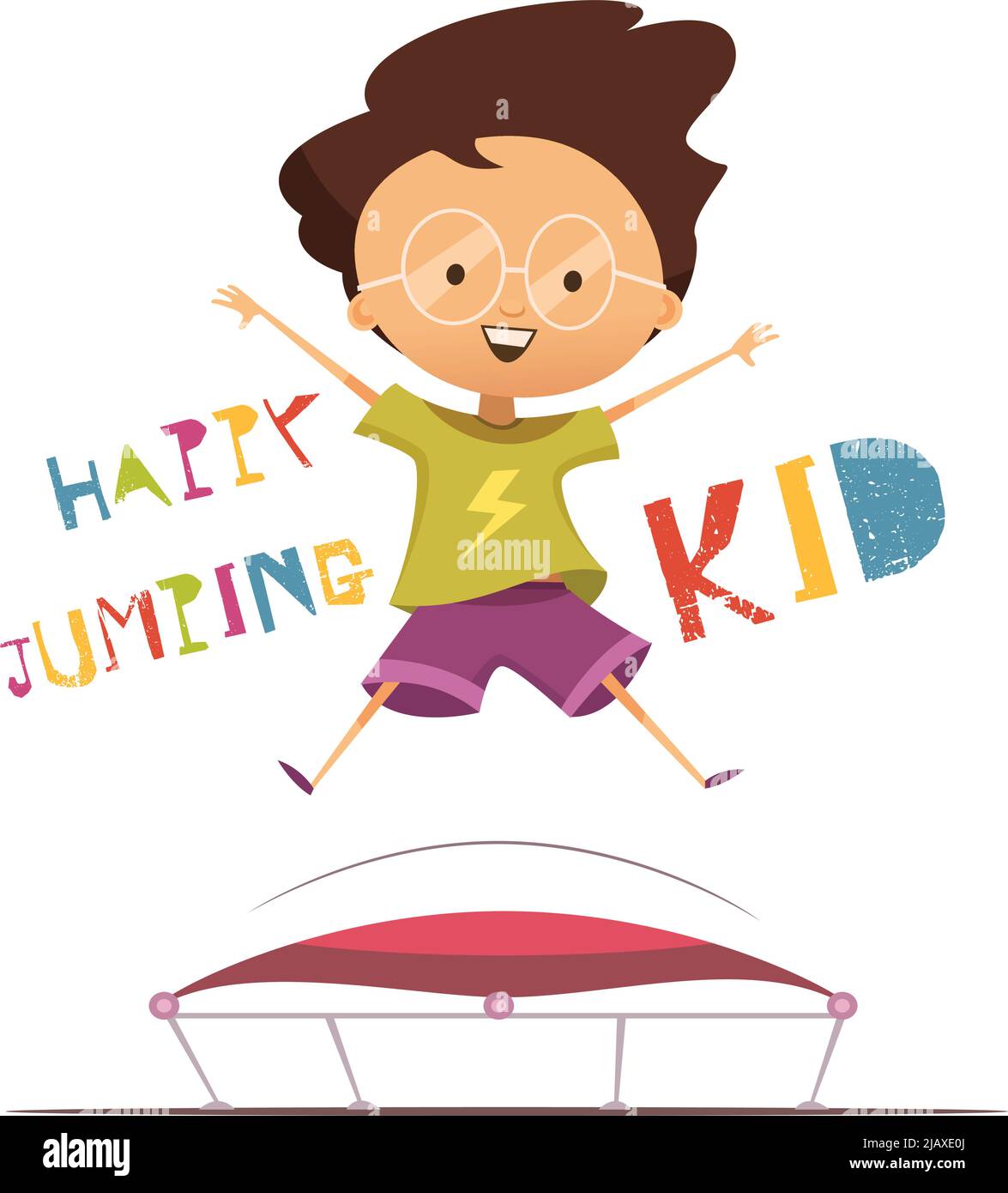 Happy cartoon preschool kid jumping on trampoline flat vector ...