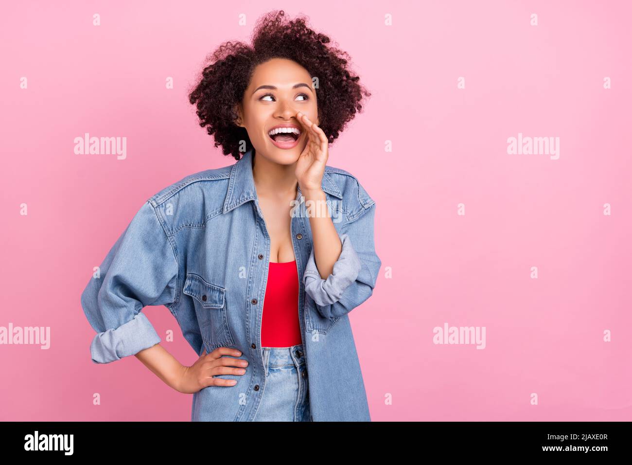 Photo of curious playful lady hand open mouth look empty space wear ...