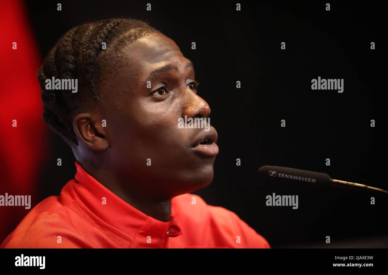 Belgium's Amadou Onana pictured during a press conference of the ...