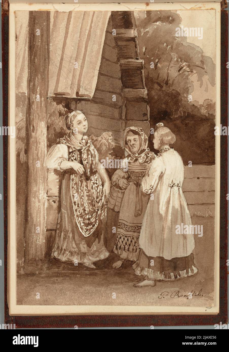 Genre scene; Three women in a conversation in front of a country house ...