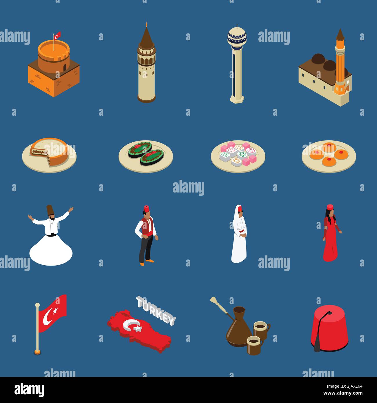 Turkish cultural symbols for tourists isometric icons set with national ...