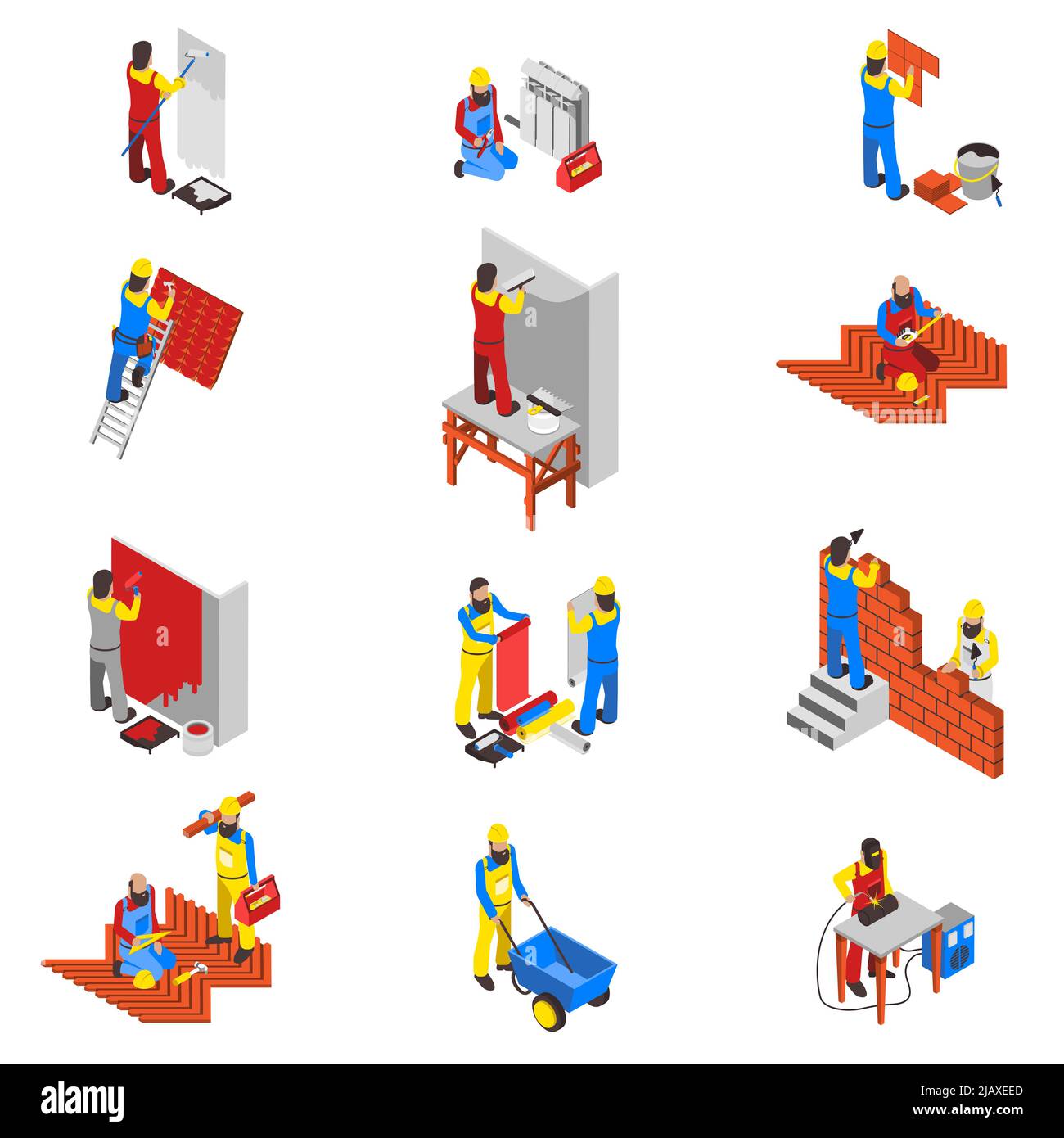 Builder people isometric icons set with equipment and tools isolated vector illustration Stock ...
