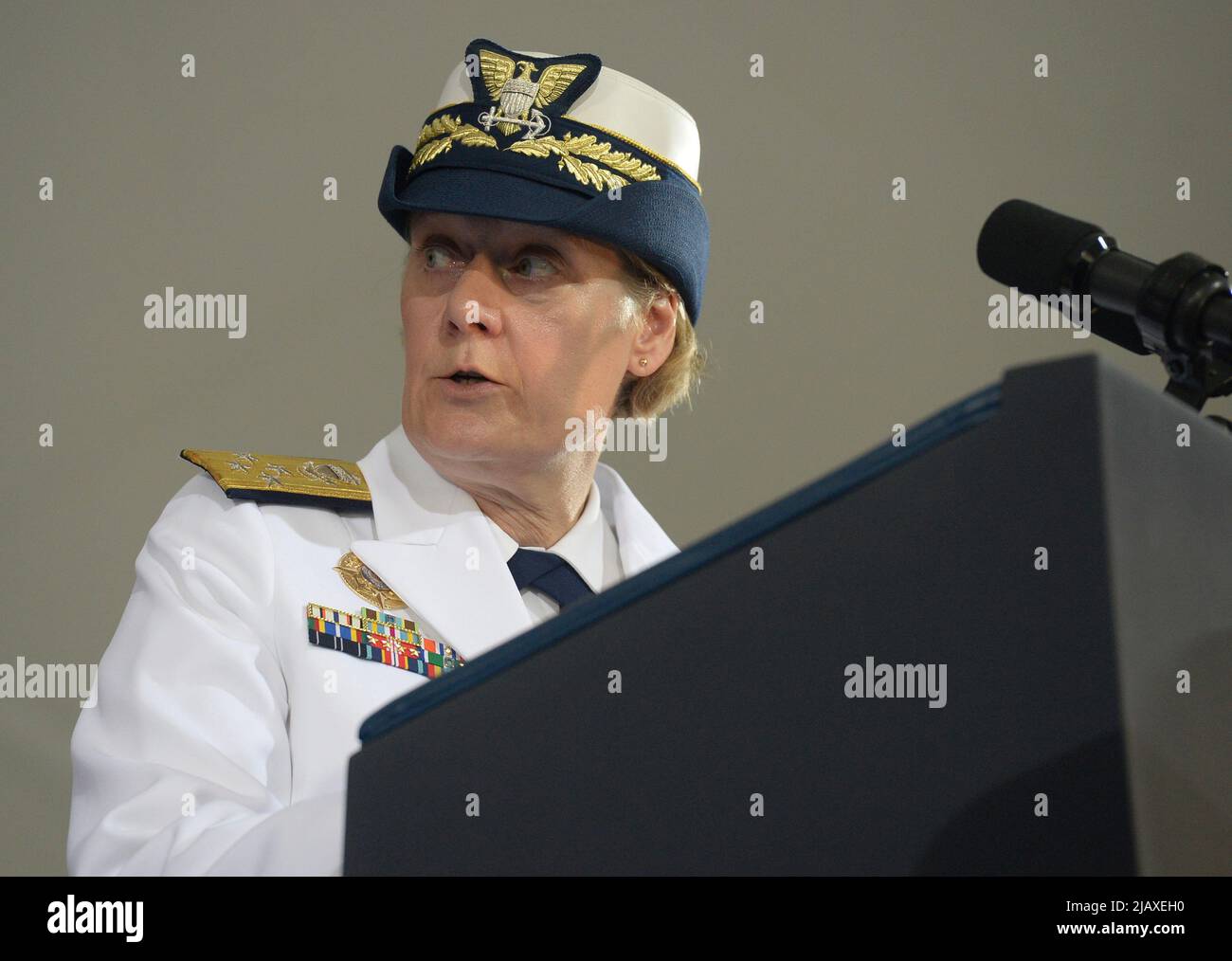 U.S. Coast Guard Adm. Linda Fagan speaks after she took over command ...