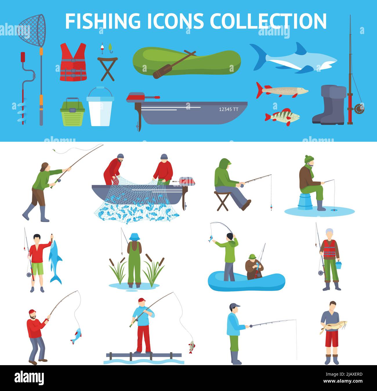 Fishing gear and equipment flat icons collection with fisherman in ...