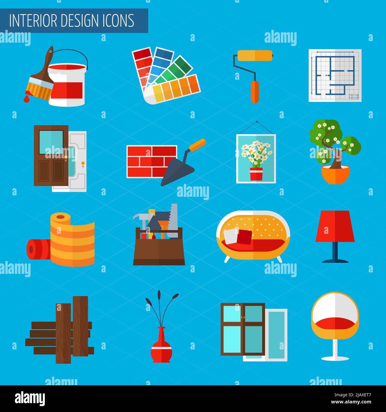 Interior design building repair and interior renovation icons set ...