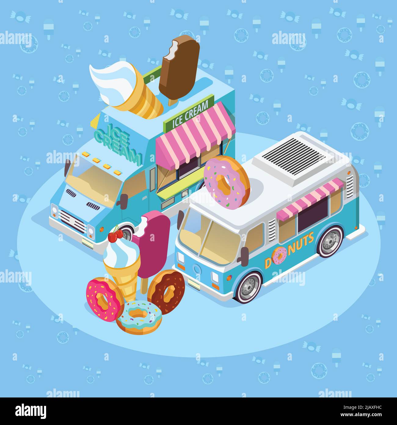Street food trucks isometric composition poster with ice cream van and ...
