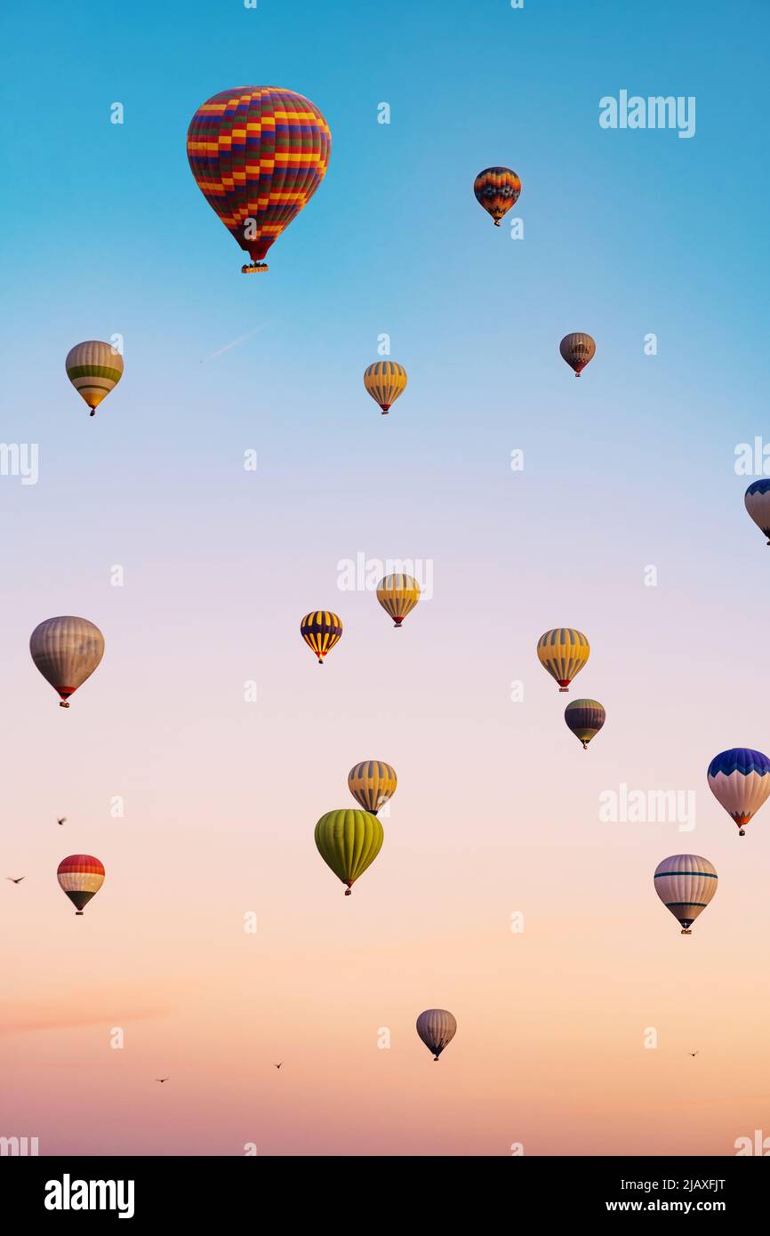 Hot air balloons in sunset sky Stock Photo - Alamy