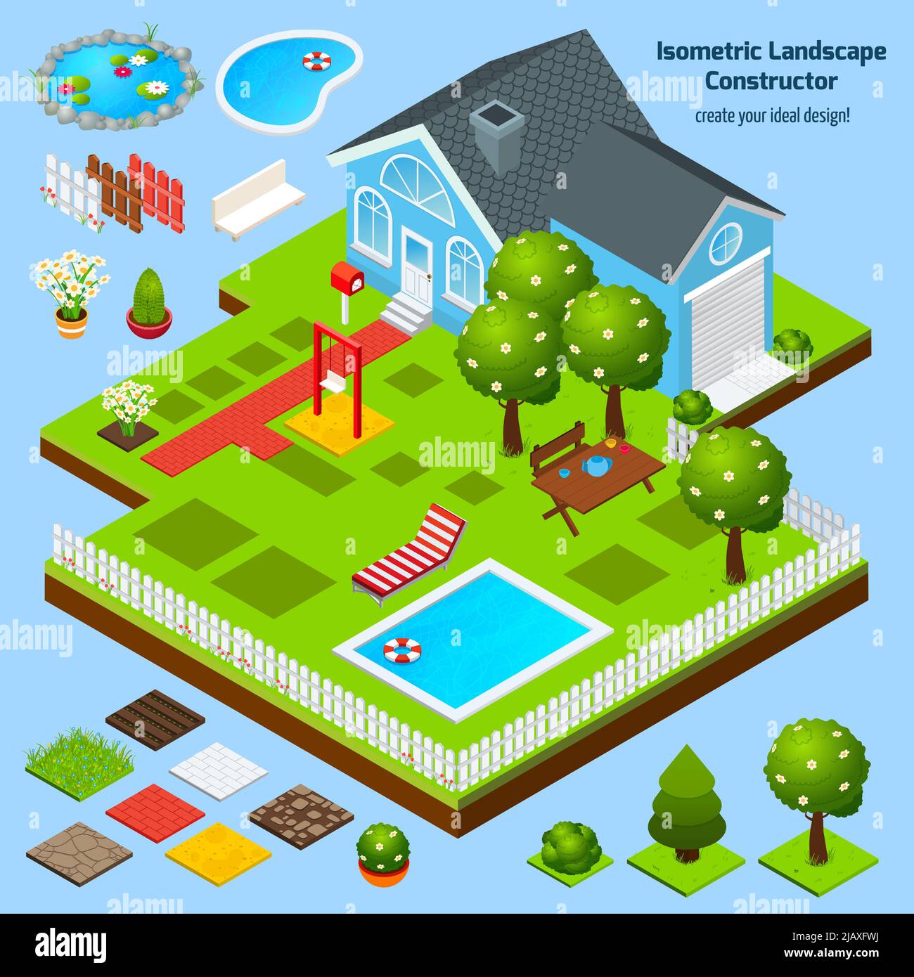 Landscape design isometric constructor with house garden and lawn ...