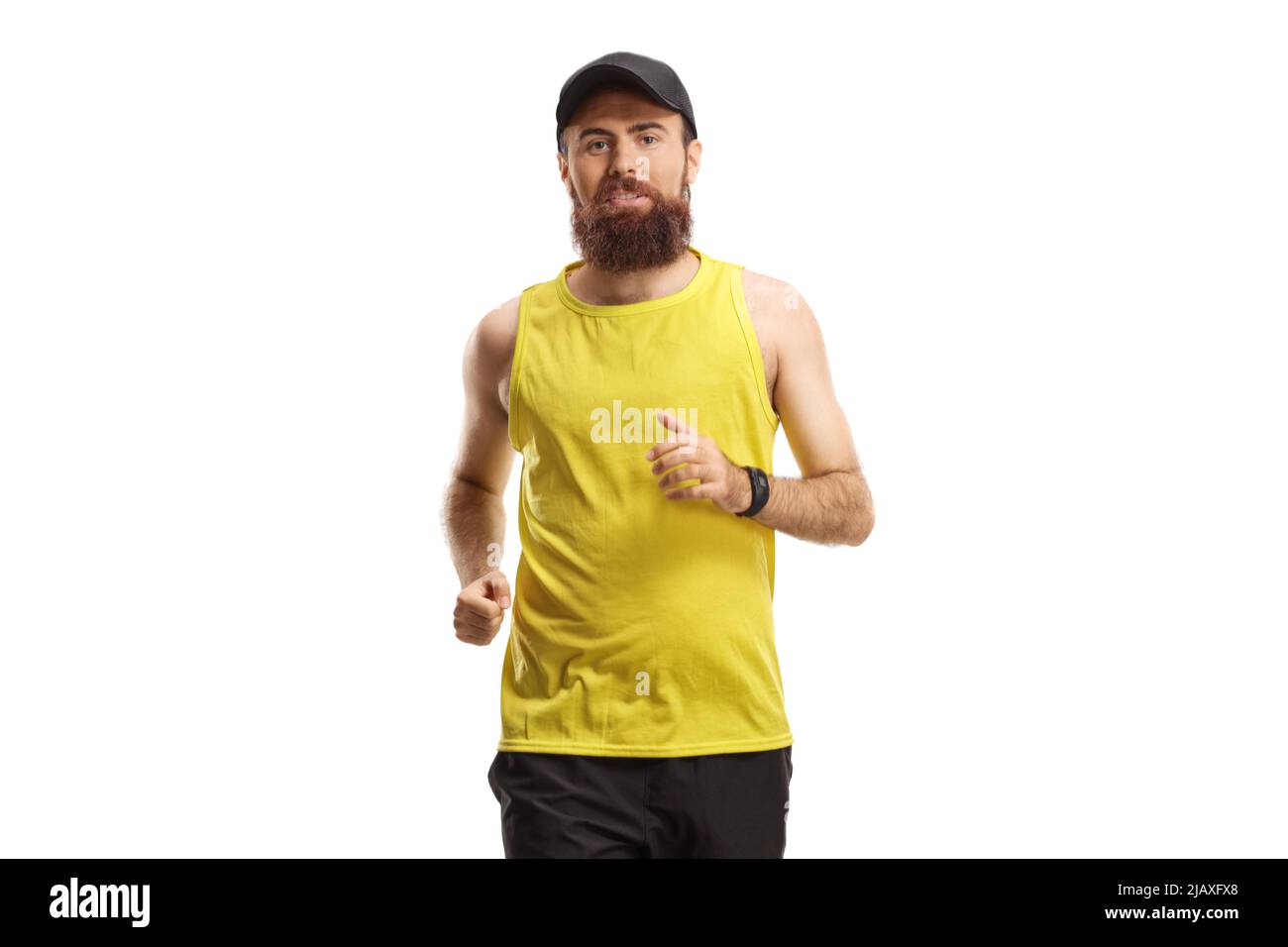 Bearded man jogging towards the camera isolated on white background ...