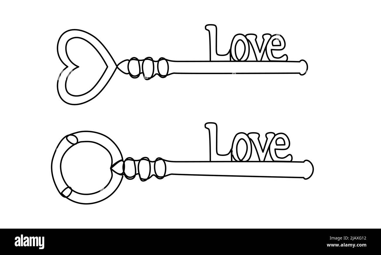 Set of continuous line key heart shaped icons with word love ...