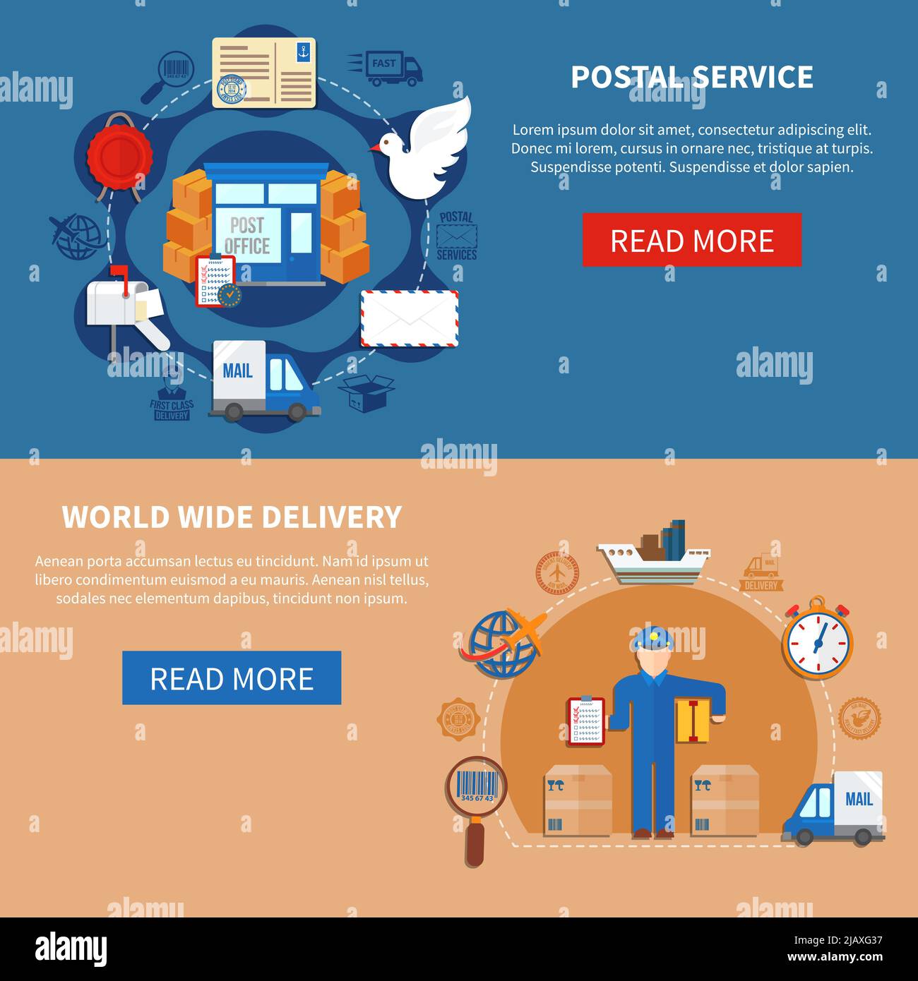 Horizontal banners in flat style with round compositions including ...