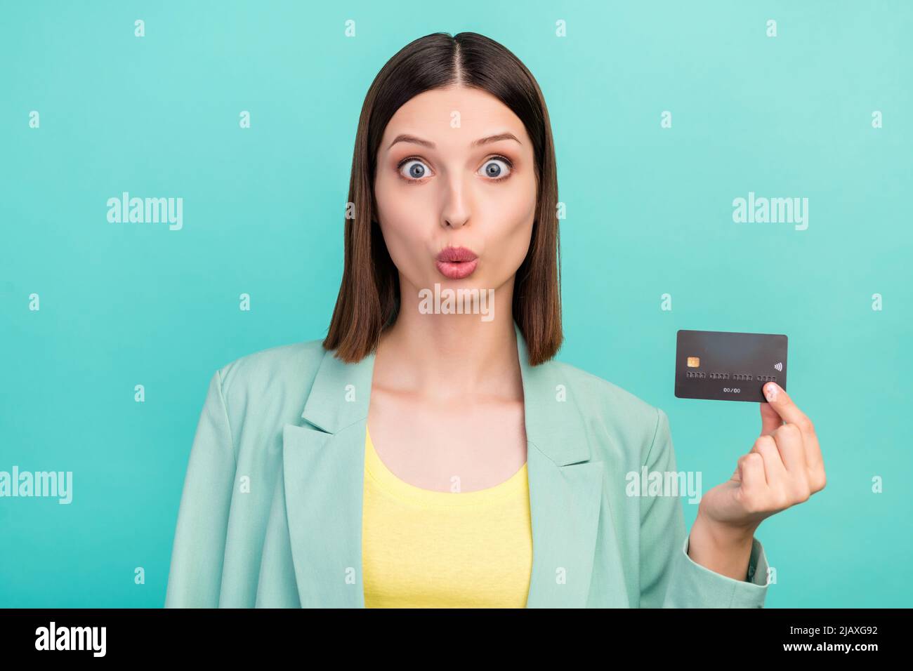 Photo of impressed pretty person face grimace look camera arm hold ...