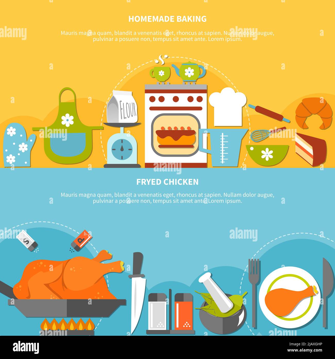 Homemade culinary flat horizontal banners with ingredients elements for ...