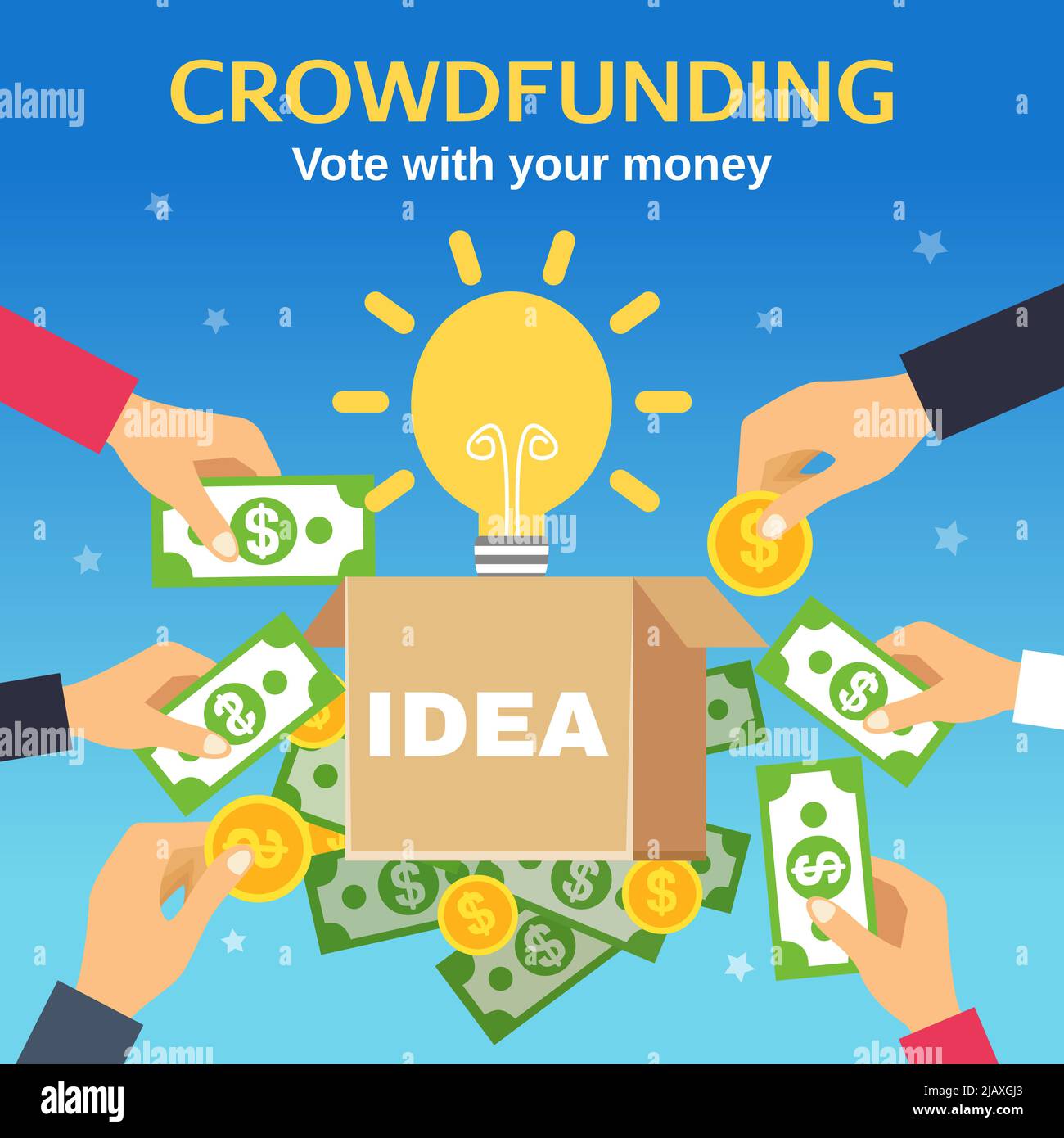 Crowdfunding poster with box for donations light bulb and people hands ...