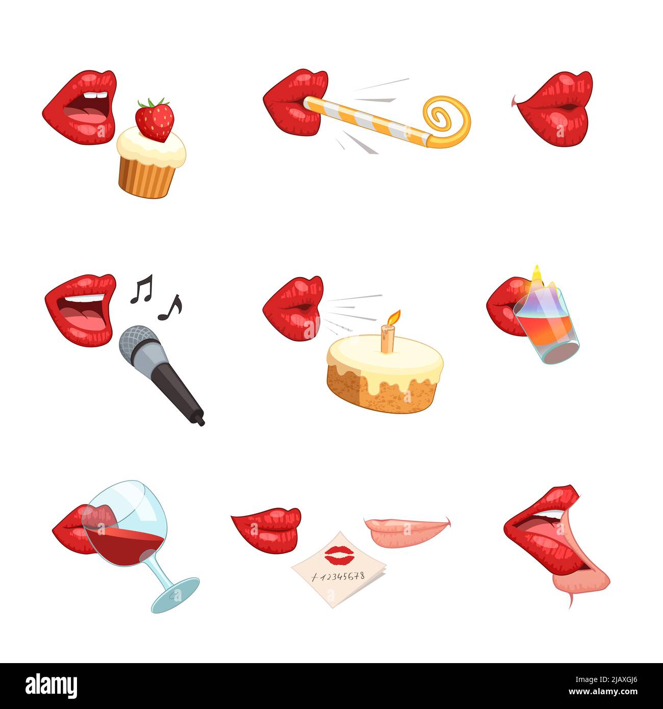 Isolated female red lips party comic icons set drinking blowing kissing ...