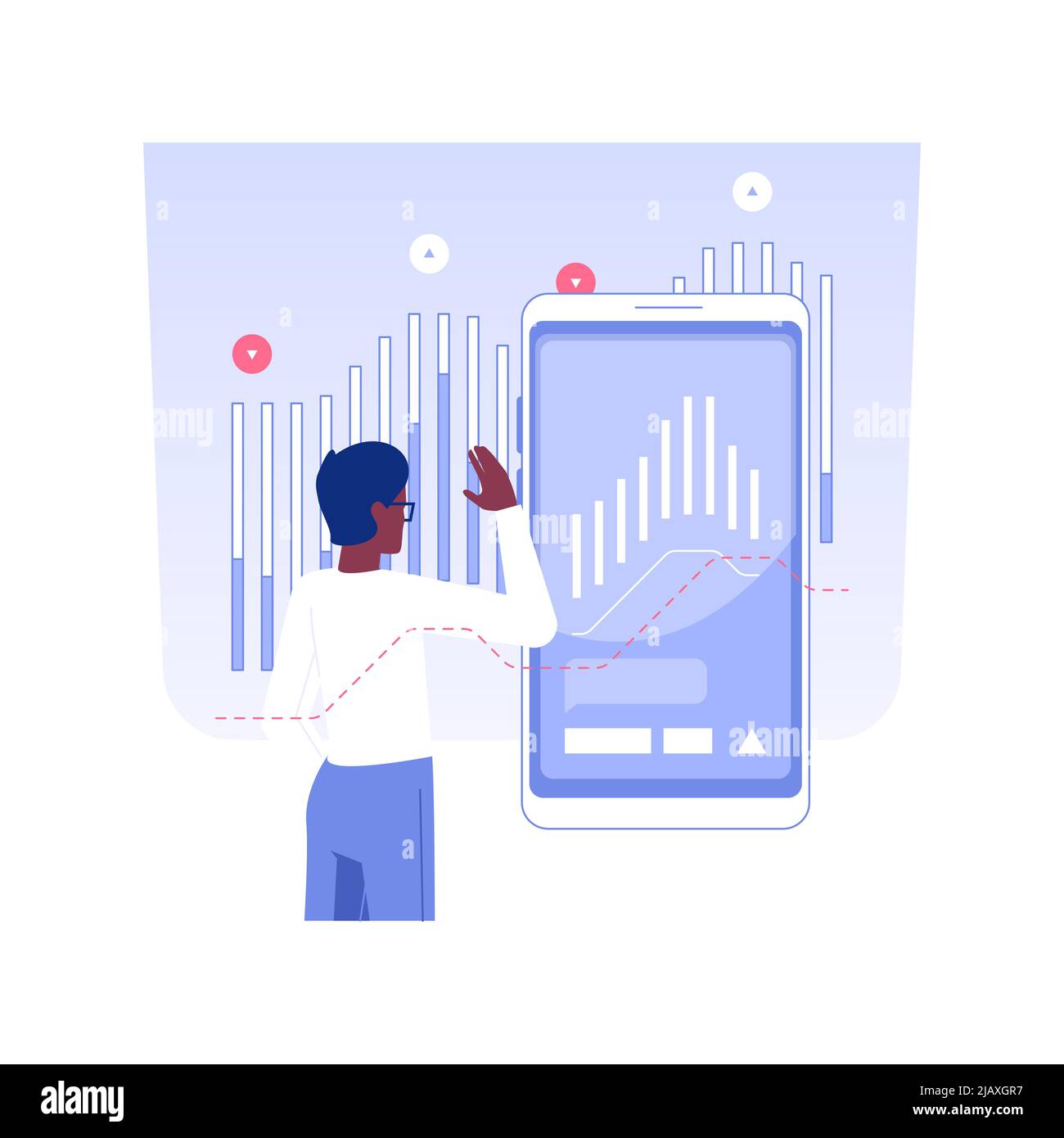 Stock trading platform isolated concept vector illustration. Stock market trader with smartphone ...