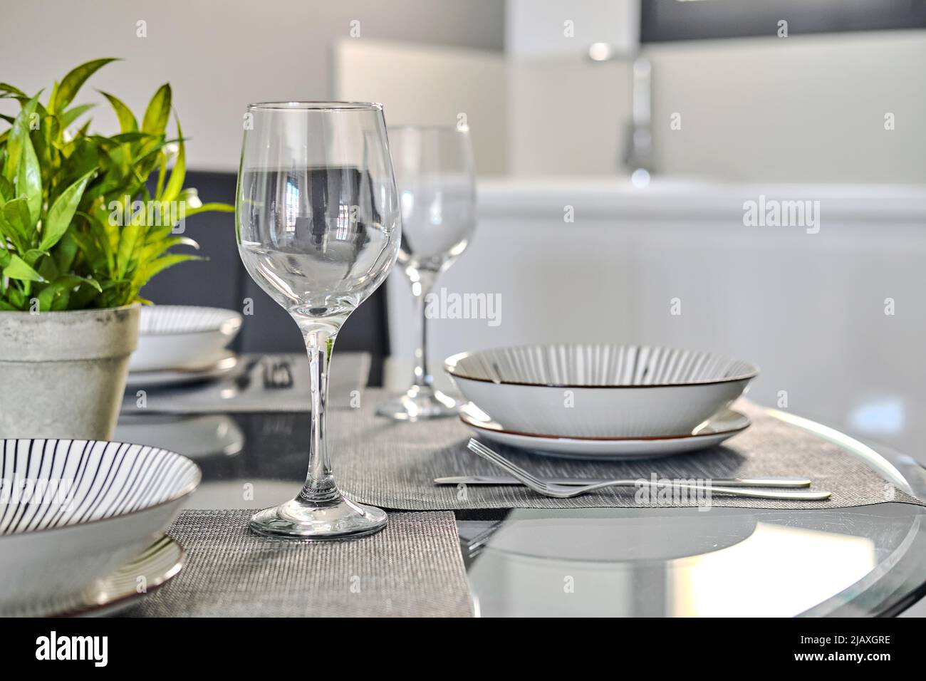 Close up background of table settings for dinner, arrangement with ...
