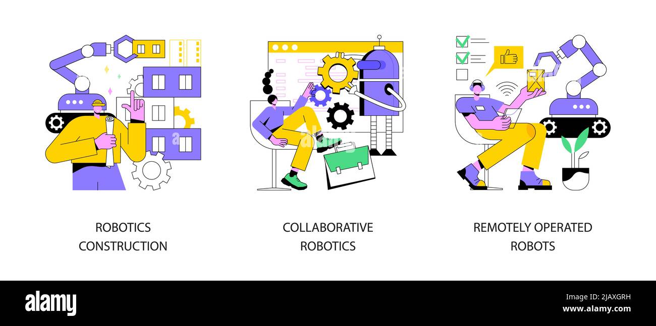 Machine work abstract concept vector illustration set. Robotics construction, collaborative ...