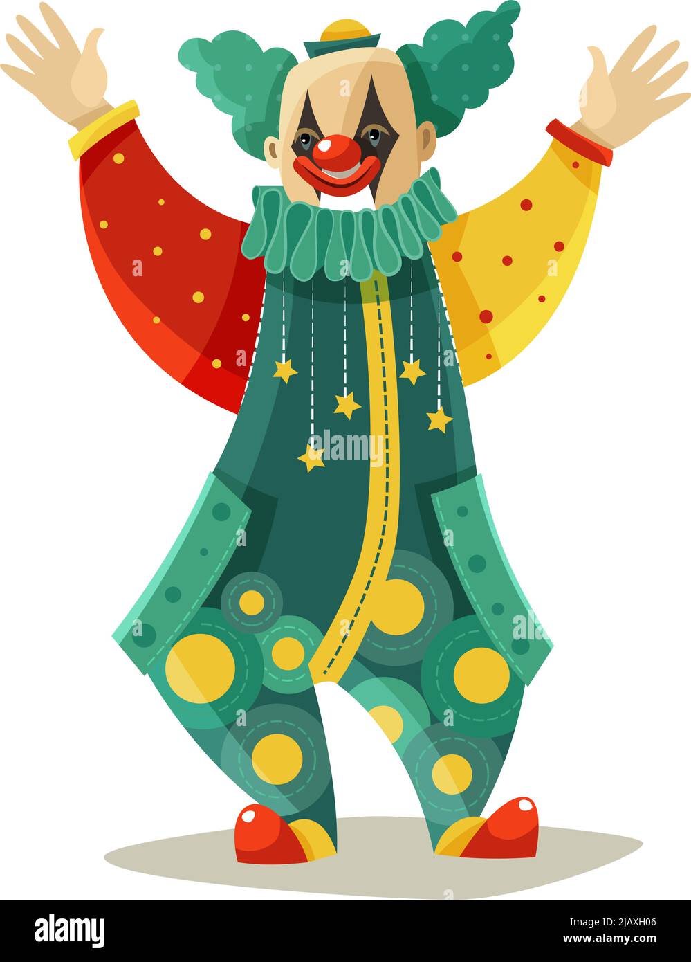Traveling circus traditional clown figure in funny costume and makeup ...