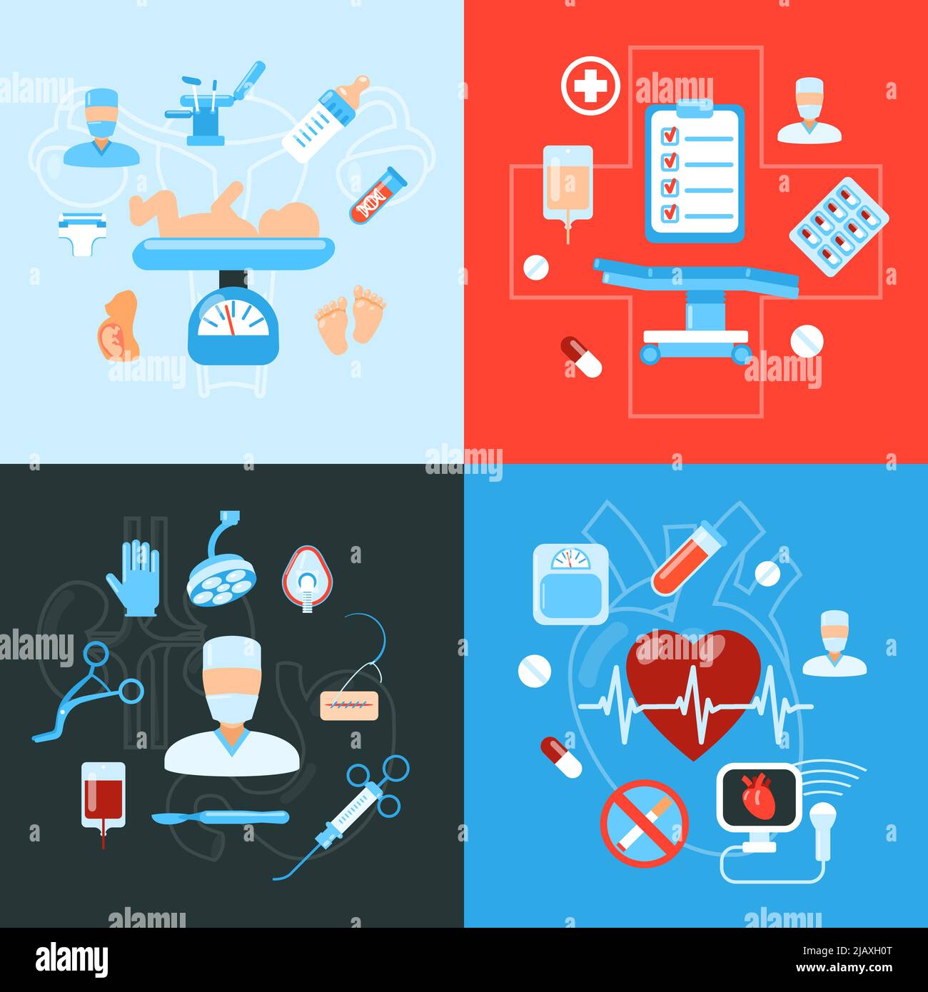 Medical hospital surgery flat icons composition of baby birth and heart ...