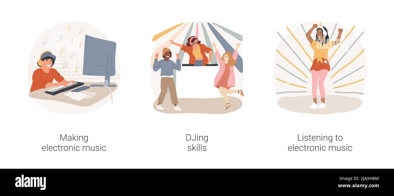 Electronic music isolated cartoon vector illustration set. Teenage boy ...