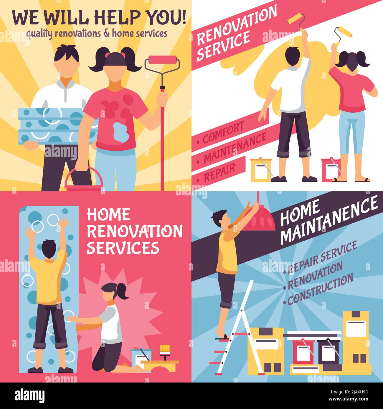 Renovation design concept with four retro style compositions with text ...